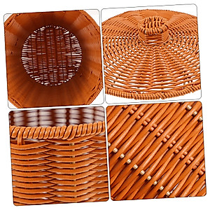 Toyvian Rattan Round Waste Basket, Woven Basket with Lid Wicker Basket Wastebasket Storage Basket for Bathroom Kitchen