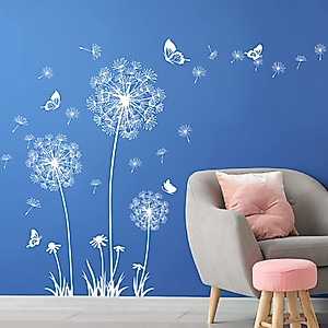 Buiory Dandelion Wall Decals Removable Flower Wall Stickers Peel and Stick Floral Butterfly Murals Dandelion Party Decoration for Bedroom Living Room Sofa Backdrop TV Dandelion Wall Decor (White)