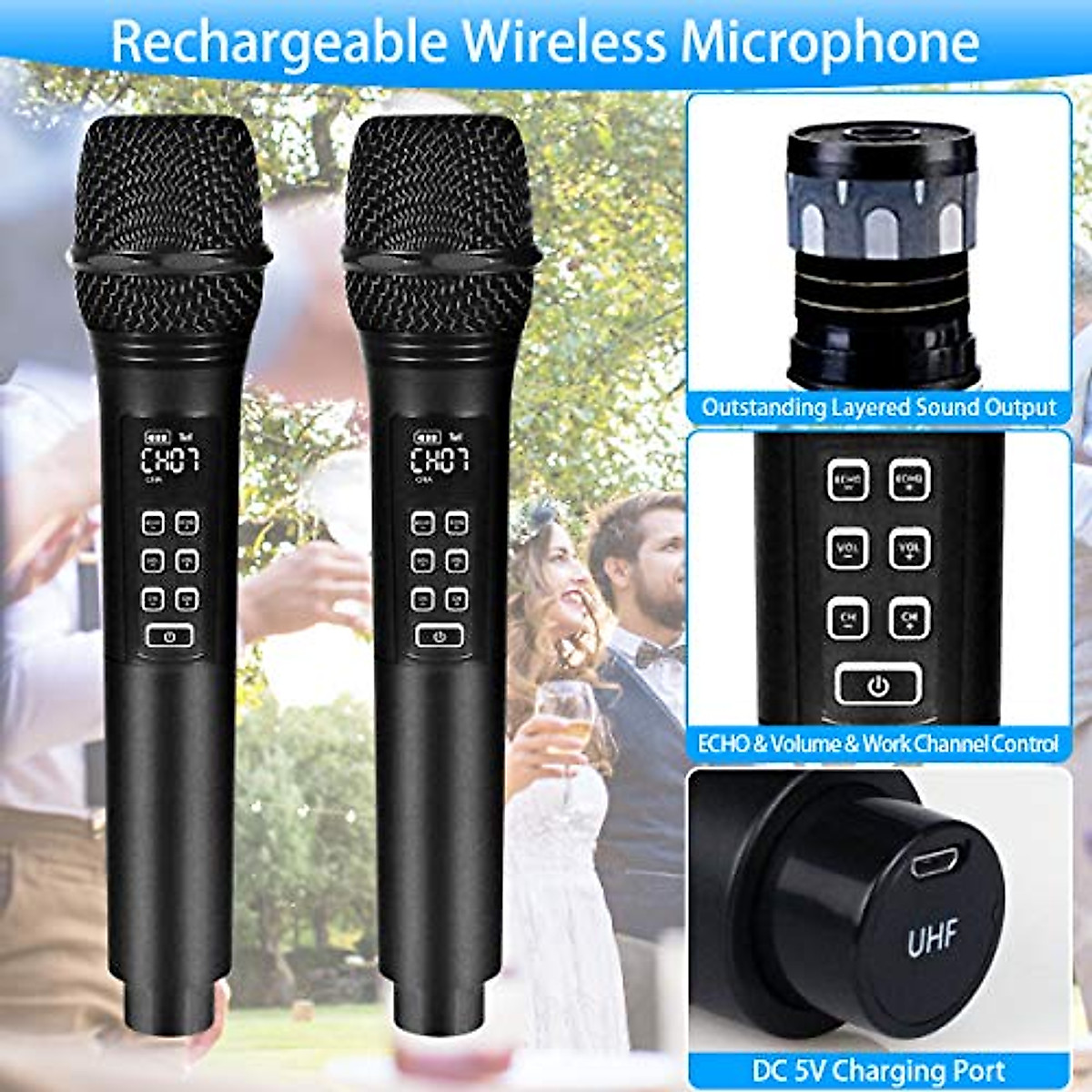 K28 Rechargeable Wireless Microphone Karaoke Cordless Microphone with Volume & Echo Control and Receiver, UHF Handheld Dynamic Microphone for Singing Karaoke Speech, Black