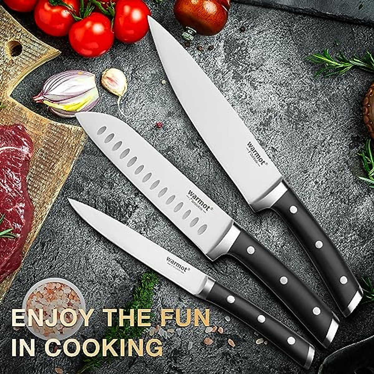 warmot Professional Kitchen Knife Set, 3 Pcs Chef Knife Set Sharp Knives Sets for Kitchen High Carbon Stainless Steel, Cooking Knife Triple Riveted Handle with finger protectors with Gift Box