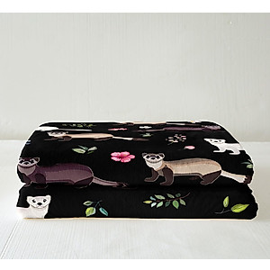 Erosebridal Cute Ferret Fleece Blanket Pink Cherry Blossoms Throw Blanket for Bed for Girls Women, White Brown Ferrets Sherpa Blanket Chic Flower Floral Blanket, Black Green Flannel Blanket Super Cozy