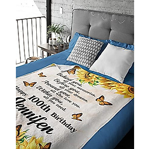 100 Years Old Sunflower Fleece Sherpa Throw Blanket Motivational Gifts for Women Girls Sister Godmother Custom Happy 100th Birthday Gift Bed Chair Sofa Couch Home Decorations