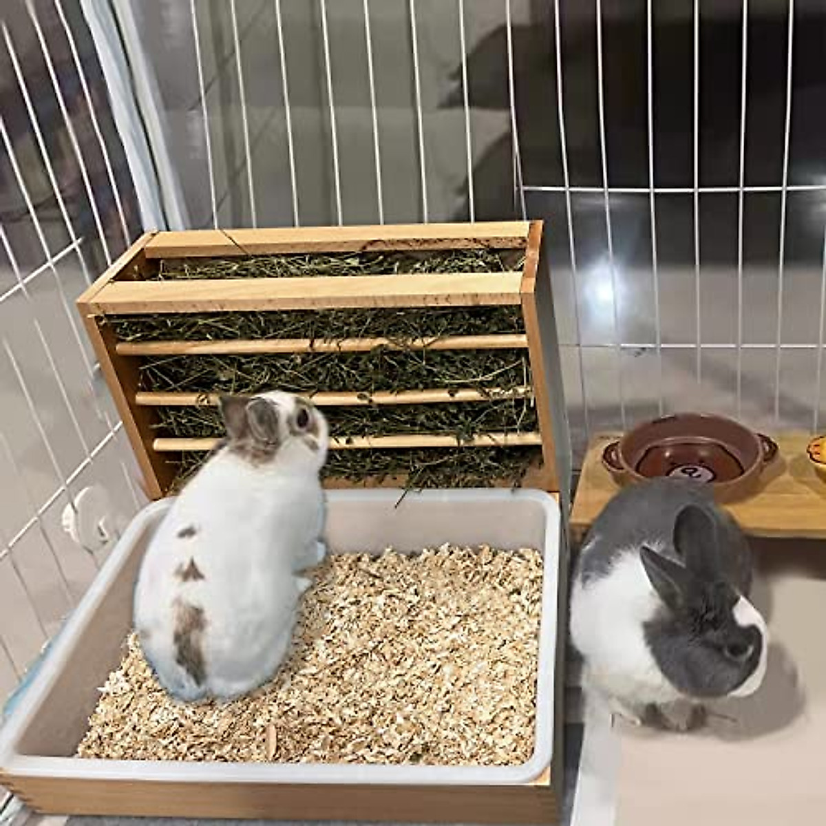2 in 1 Large Hay Feeder with Litter Box, Safe Wooden Bunny Feeder Manger, Hay Holder Rack Toilet for Rabbit Guinea Pig Hamster Small Animals Reduces Waste