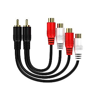 RCA 1 Male to 2 Female Audio Speaker Y Adapter Splitter Cable with OFC Conductor Dual Shielding Gold Plated Metal Shell Flexible PVC Jacket - 2 Pack / 0.6FT