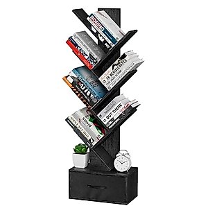 Egepon 6-Tier Tree Bookshelf with Drawer Black Book Shelf Storage Rack Floor Standing Bookcase for CDs Movies Books Multifunctional Organizer Shelves for Home Office Living Room Bedroom
