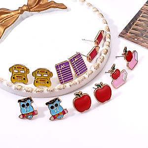 NLCAC Teacher Stud Earrings for Women Colorful Enamel Pencil Book Back To School Earrings Teacher Appreciation Gifts 6 Pairs