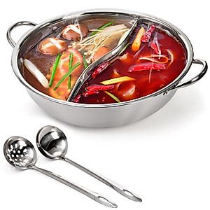 Peohud Stainless Steel Hot Pot with Divider, 12 Inches Double-flavor Shabu Shabu Pot with Ladle and Slotted Spoon, Dual Sided Soup Cookware for Induction Cooktop Gas Stove