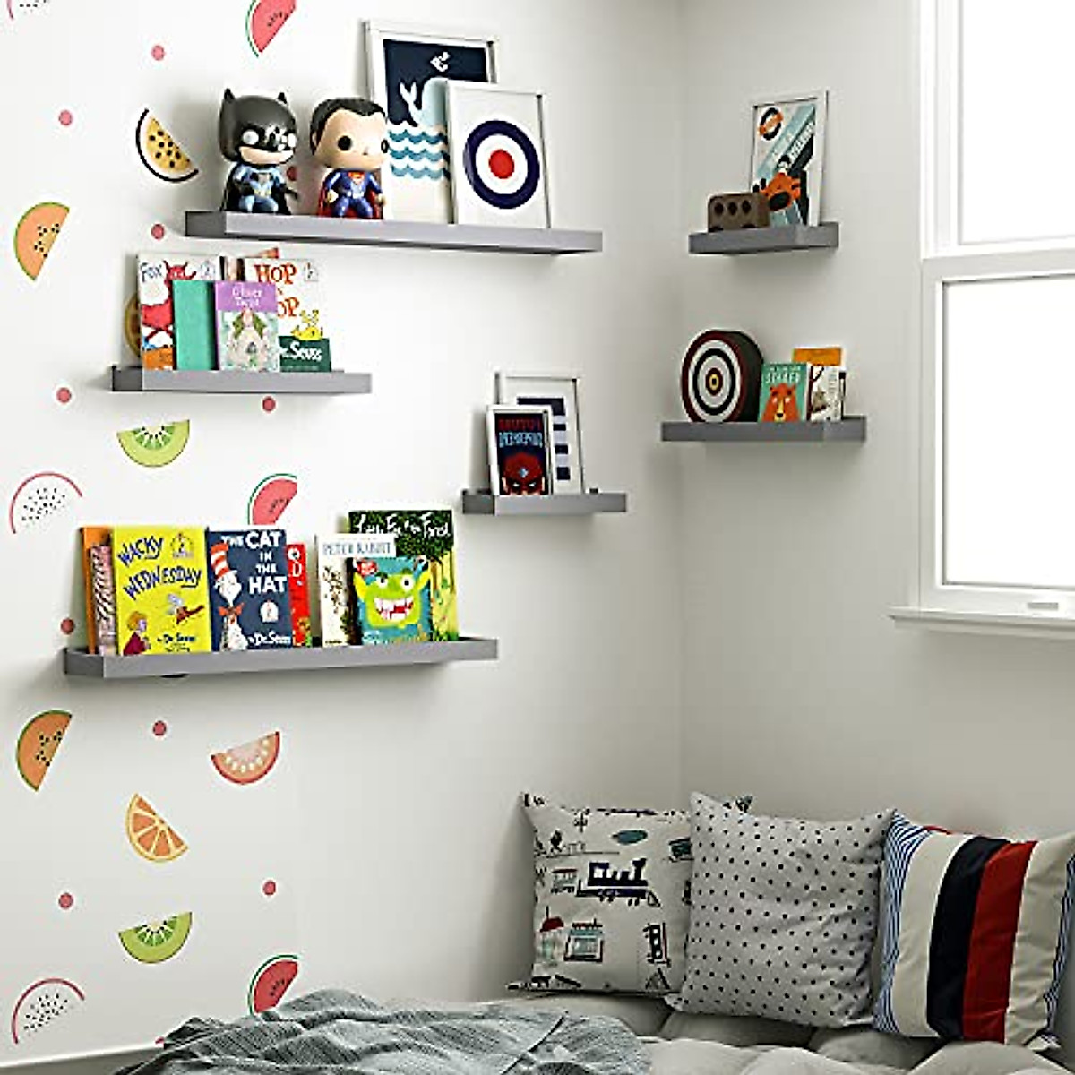 Wallniture Philly Floating Shelves for Wall Collage, Picture Ledge and Varying Sizes Bookshelf for Living Room Decor, Set of 6, Gray