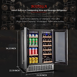 BODEGA 24 Inch Beverage and Wine Cooler, Built-in and Freestanding Wine Beverage Refrigerator Dual Zone, Holds 57 Cans and 18 Bottles, with Independent Temperature Control,Upgraded Compressor Quiet