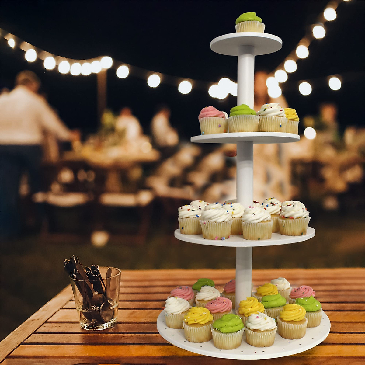 Darware Cake Pop/Cupcake Stand (4-Tiered); White Wooden Dessert Display for Parties and Special Events