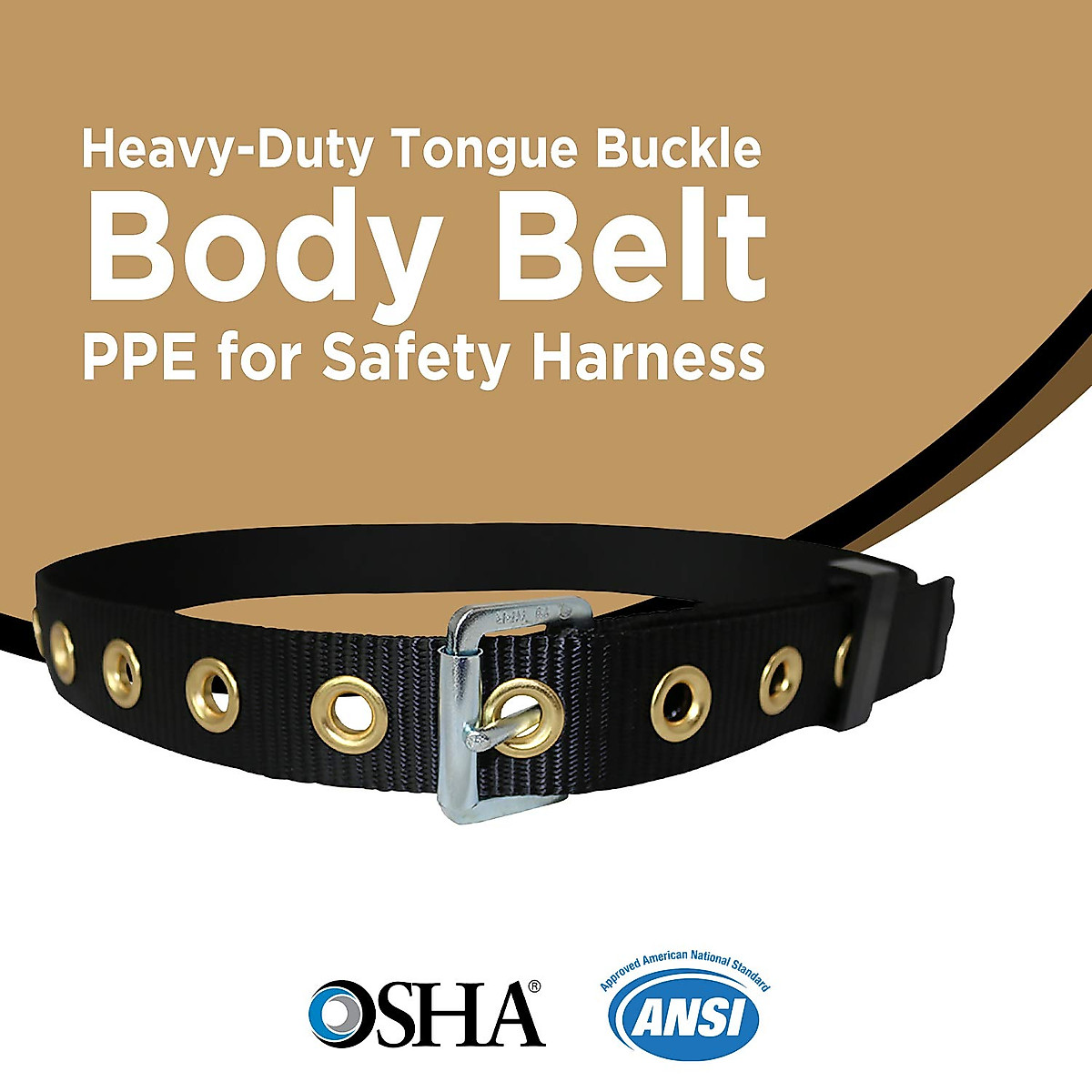 AFP Heavy-Duty Tongue Buckle Body Belt, PPE for Safety Harness, Work Positioning Restraint, Construction, Climbing, Fall-Protection (OSHA/ANSI Compliant), 1.75'' Wide, Black (Medium)