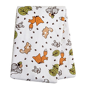 Friendly Forest Deluxe Flannel Swaddle Blanket - Forest Animals Scatter Print Cotton Flannel, Orange, Green, Tan, Gray and White, 48 in x 48 in