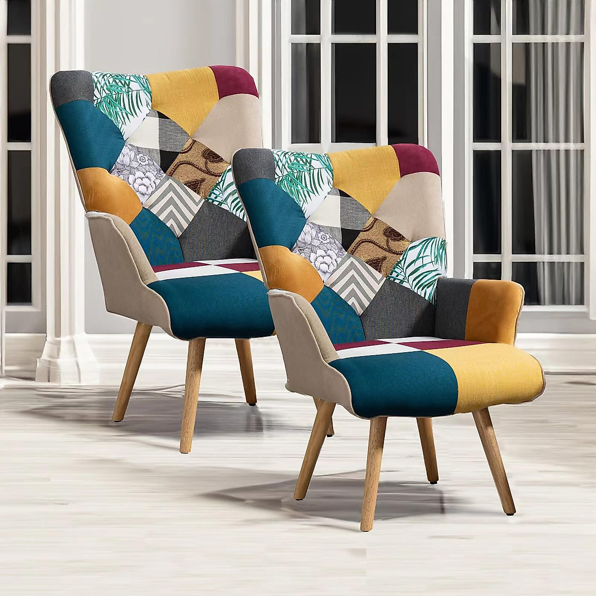 SAETSFEG Living Room Accent Chair with High Backrest, Bedroom Plaid Bohemian Upholstered Armchair for Mid Century, Modern Cozy Chairs for Small Spaces, Colorful 2 Pack