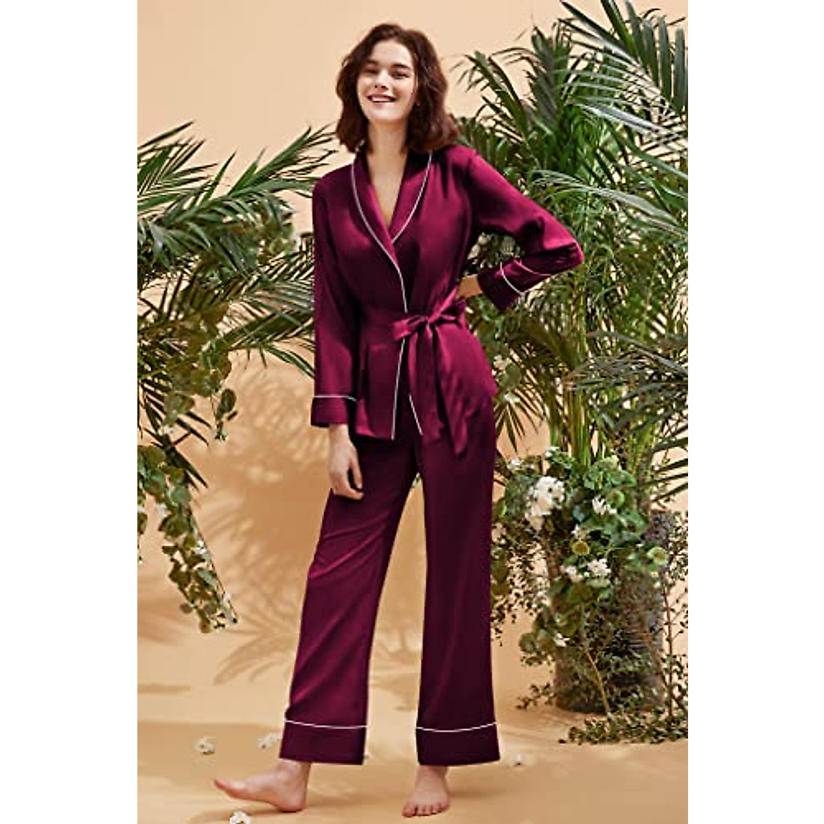 SWOMOG Womens Satin Pajamas Set Silk Long Sleeve Pjs Set V-Neck Robe and Pants Sleepwear S-XXL