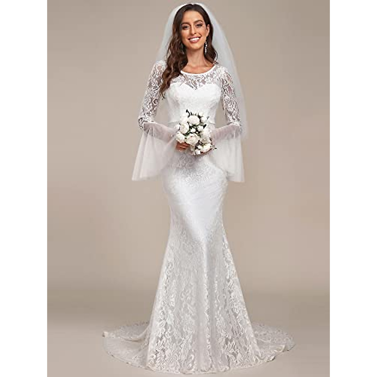 Ever-Pretty Women Custom Curve Charming Open Back Tulle Floor Length Bridal Dress with Long Lace Trian White US30