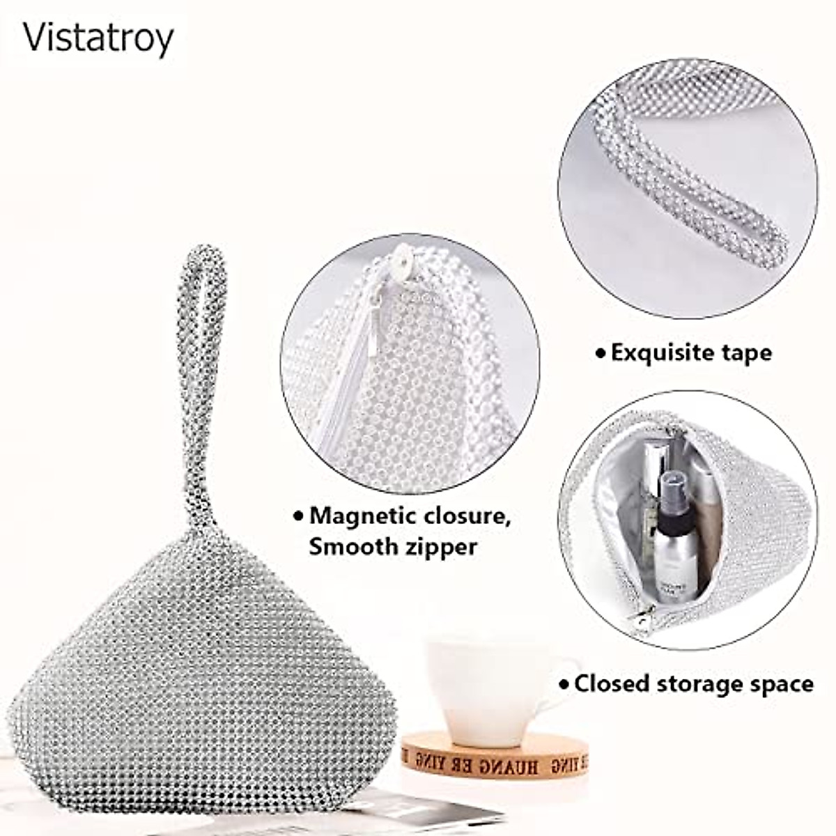 Vistatroy Women's Evening Bag Sparkly Rhinestone Purse Triangle Designer Chain Clutch Purse Bag Party Prom Wedding Purse(A Silver)