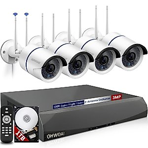 [2-Antenna Signal Enhance & 100 ft Super Night Vision] Outdoor Wireless Security Camera System, WiFi Surveillance Video Camera System, 4pcs 3.0MP IP Cameras, 5MP 8-Channel Wireless NVR