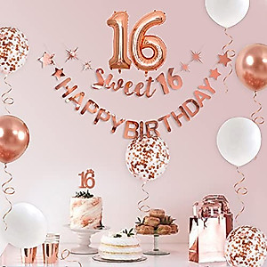 Rose Gold Sweet 16 Happy Birthday Banner Garland for Sweet 16 Decorations Hanging Sweet 16 Signs Foil Balloon 16 for Girls 16th Happy Birthday Party Banner for Sweet Sixteen Party Decor Supplies