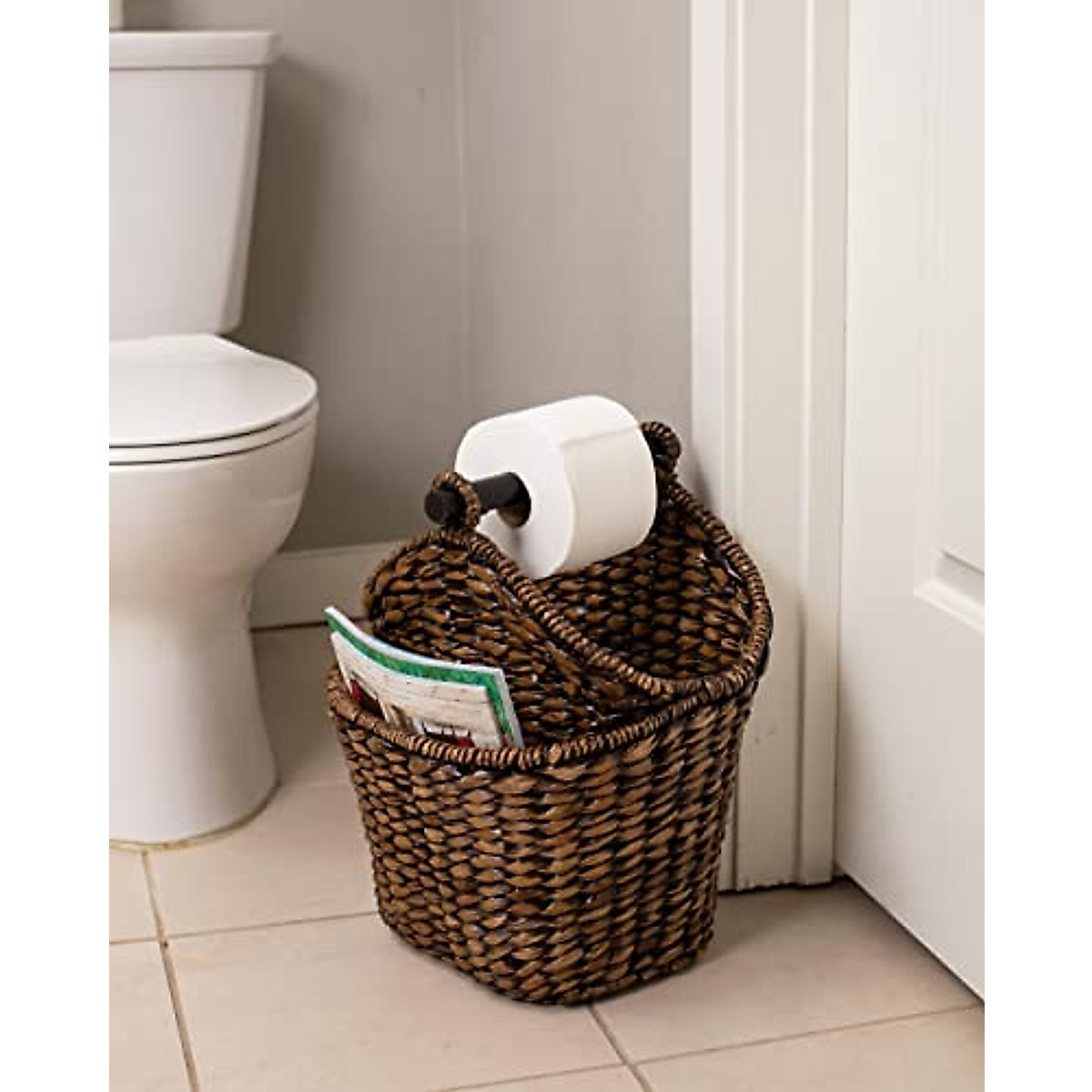 BirdRock Home Seagrass Magazine and Bathroom Basket - Hand Woven Toilet Paper Holder with Pocket - Grey Wash - Stylish Decorative Design - Wooden Basket Décor - Dispenser