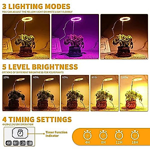 Juhefa Grow Light for Indoor Plants Growing, 4000K White Full Spectrum Halo Plant Lamp for Seedlings Succulents Small Mini Plants, Auto On Off Timer 4/8/12/18Hrs & 3 Colors Changeable