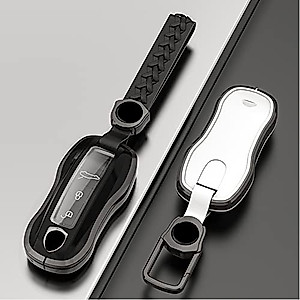 K LAKEY Alloy Metal Key Fob Cover,Compatible with Porsche 911 Cayenne Cayenne Coupe Panamera Taycan Remote Keyless Key Fob,Armor TPU Key Fob Case Protector with Keychain Black