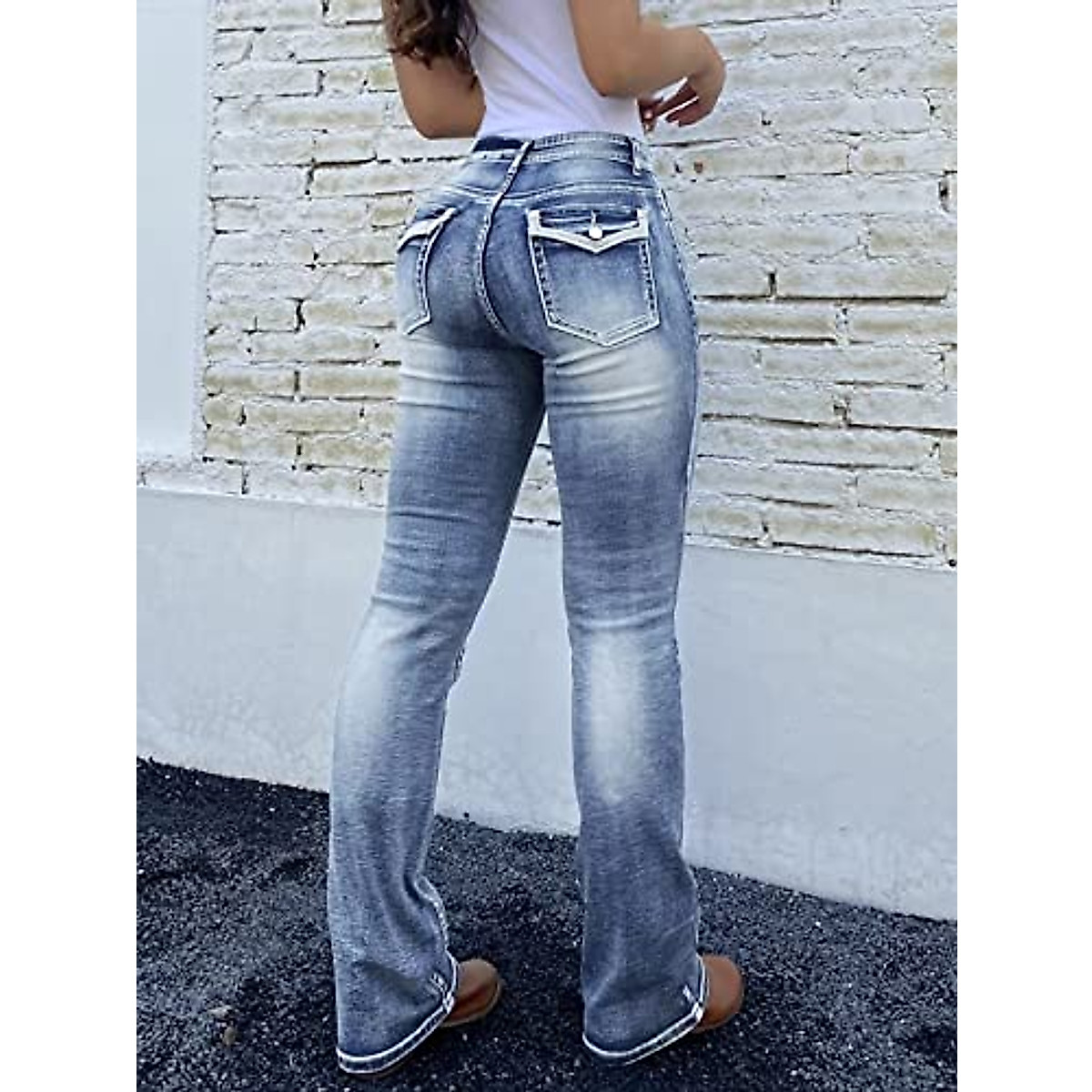 Flamingals Butt Lifting Jeans for Women Trendy Tummy Control Jeans Stretch Mid Waist Boot Cut Jeans Raw Hem Denim Pants A-Mid Blue-Raw Hem L