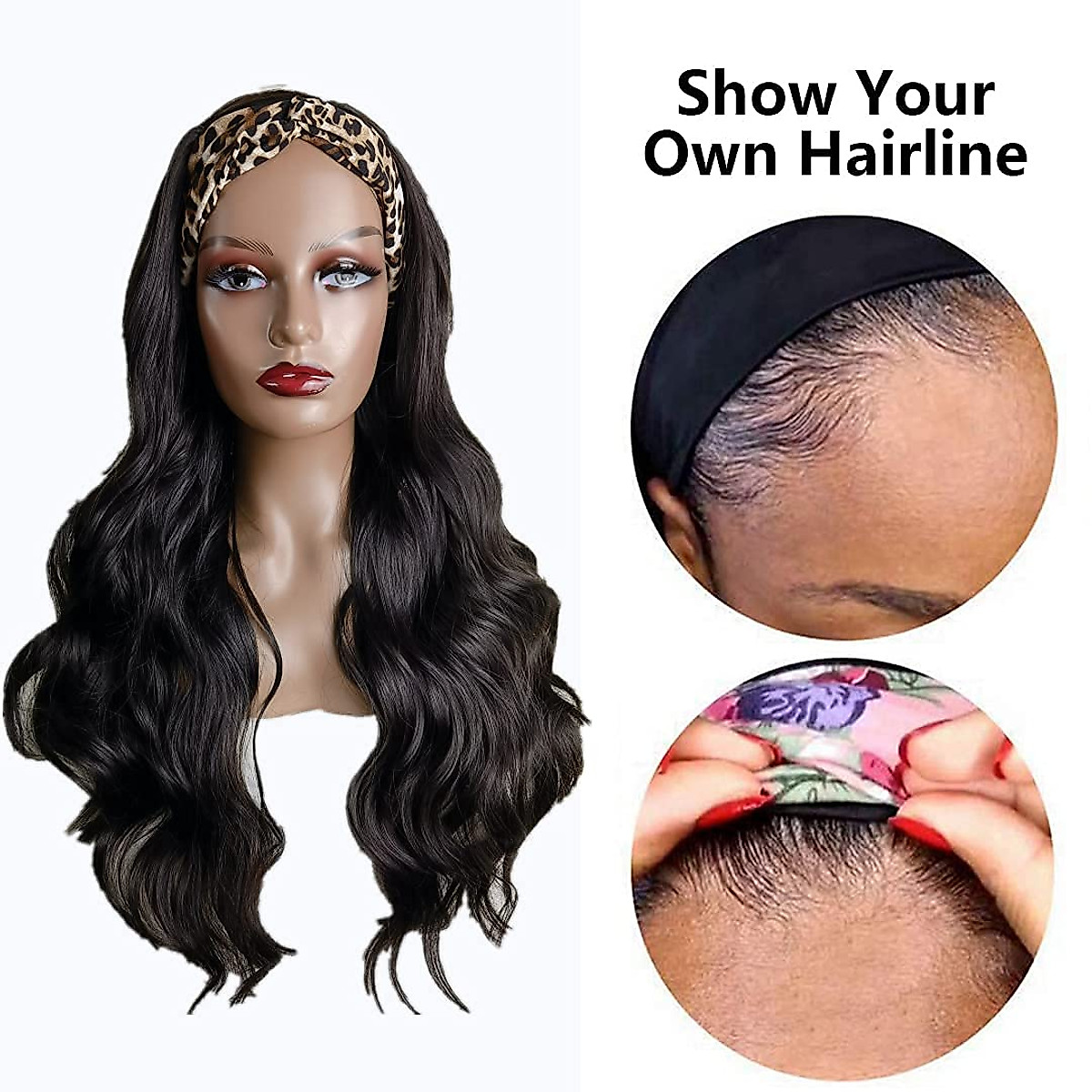 GDWIGS Long Wavy Headband Wig for Black Women Synthetic Headband Wigs 180% Density Body Wave Headband Wig Full Ends Glueless Headband Wigs Heat Resistant 22inch