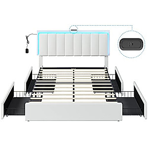 DICTAC Queen Bed Frame with 4 Drawers and USB Ports Modern Upholstered Platform LED Bed Frame with Storage Drawers and LED Lights Headboard,Faux Leather,No Box Spring Needed, Easy Assembly,White