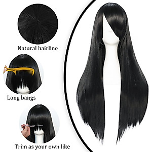 ANOGOL Hair Cap+32Inch/80cm Long Straight Black Wig Cosplay Synthetic Wig Long Black Wig with Bangs Peluca Negra Cosplay Wig for Halloween Anime Hair for Women Costume Party