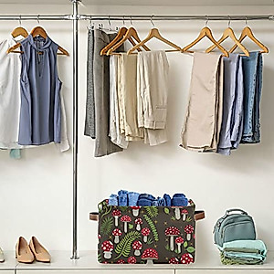 Kigai Mushroom Storage Basket Collapsible Rectangle Storage Bin Shelves Basket Organizer with Leather Handle for Closet, Office, Nursery, Home Decor