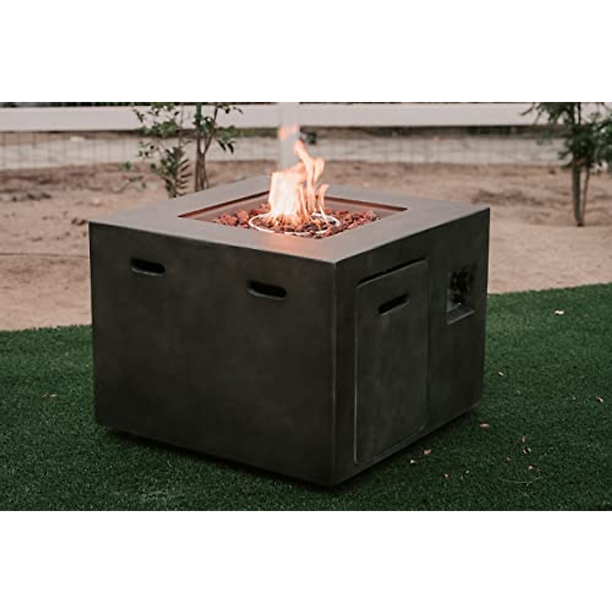 XBrand MgO & Metal 40,000 BTU Outdoor Propane Gas Smokeless Square Fire Pit Table with Volcanic Rocks & Rain Cover, 30 inch Wide, Gray