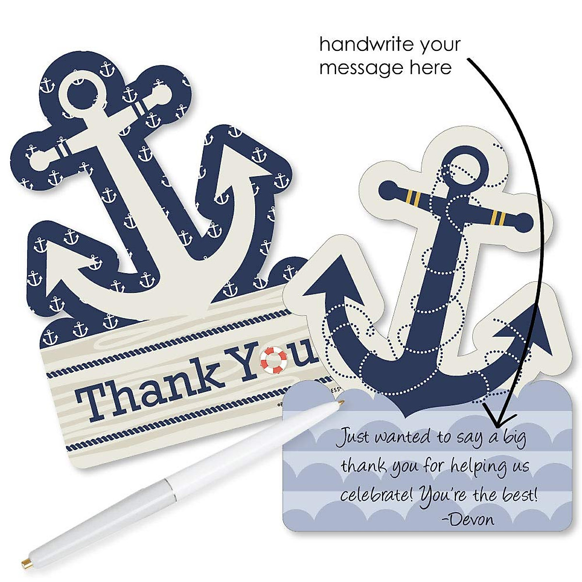 Big Dot of Happiness Ahoy - Nautical - Shaped Thank You Cards - Baby Shower, Birthday Party Thank You Note Cards with Envelopes - Set of 12