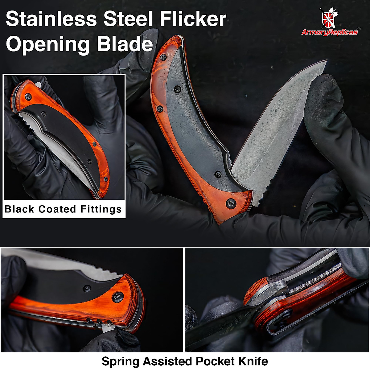 Armory Replicas Ash Woods Spring Assisted Pocket Knife - Durable Stainless Steel Blade, Wooden Handle, Liner Locking Mechanism