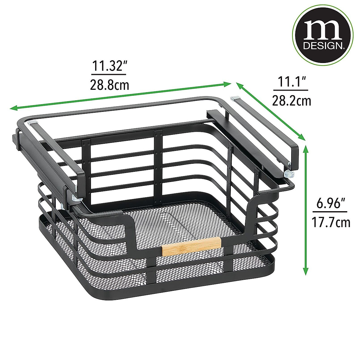 mDesign Metal Wire Under Shelf Storage Baskets for Kitchen Pantry, Closet, Hanging Pull Out Shelving Bin, Sliding Hanger Racks for Bread, Canned Goods, Condiments, Food, 2 Pack, Matte Black/Natural