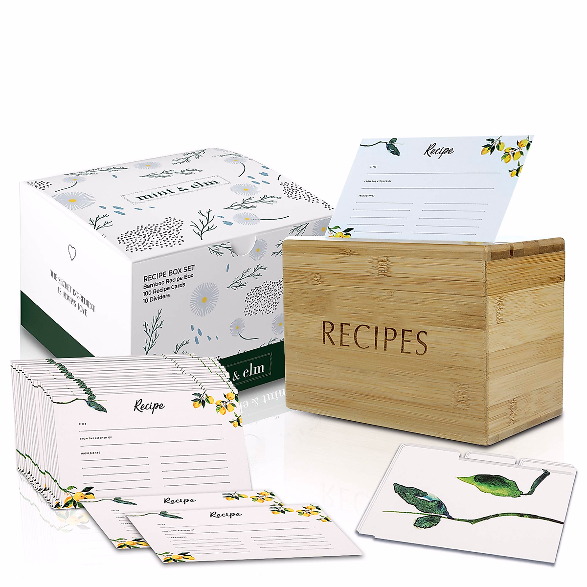 Mint & Elm Recipe Box with 100 Cards and 10 Dividers - Recipe Organizer Includes Plastic Holder for 4x6 Cards (Natural Bamboo)