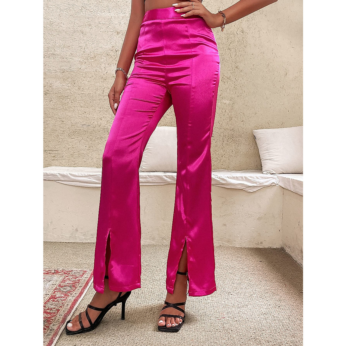 WDIRARA Women's High Rise Wide Leg Split Hem Pants Party Club Solid Pants Hot Pink L