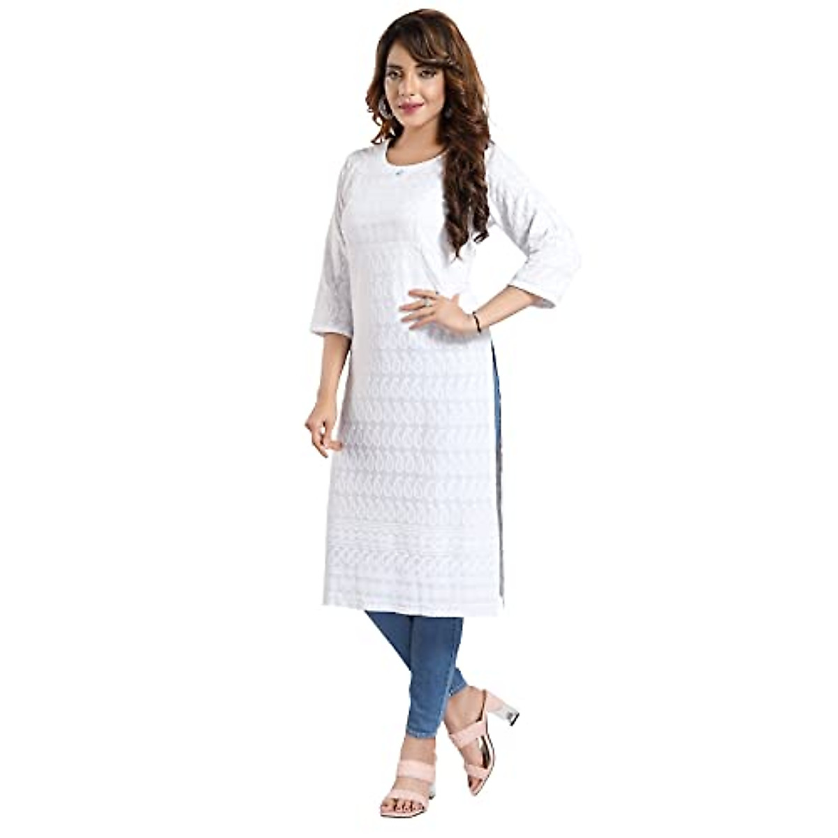 QUEEN SHIELD Women's Chikan-Kari Kurta (White)(2X-Large)(44#White#1010)