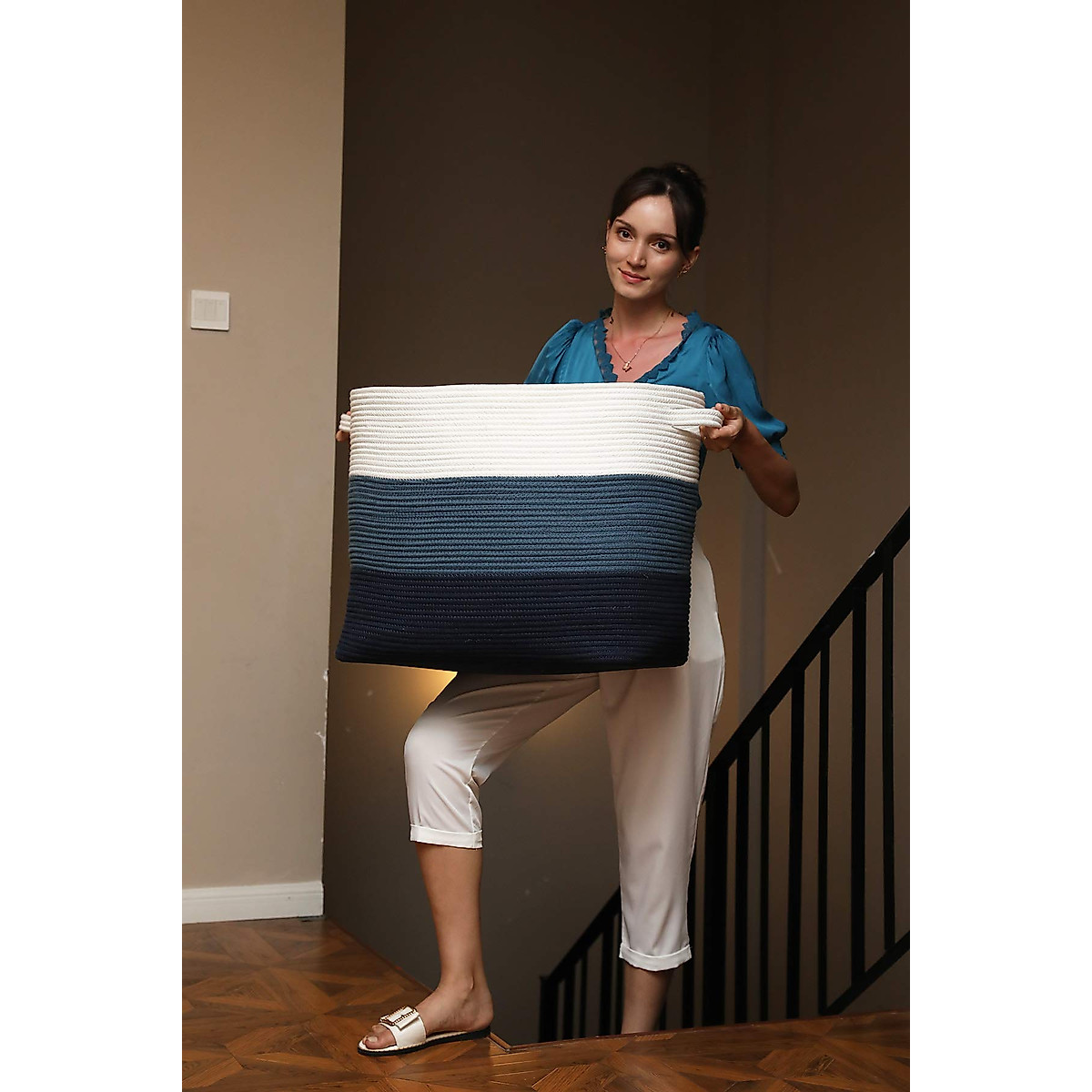 22"x14"x18" Mega Size Rectangular Extra Large Storage Basket, Rectangular Cotton Rope Storage Baskets, Woven Laundry Hamper, Cloth Storage Bin, for Clothes Blanket in Living Room, Dark Blue/Deep Blue