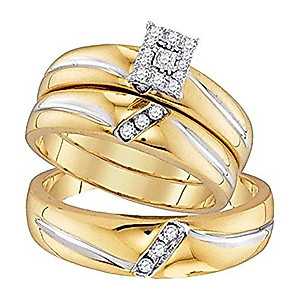 jsjewels His & Her's 14k Yellow Gold Fn 1/5 ct Sim.Diamond Trio Engagement Wedding Ring Set