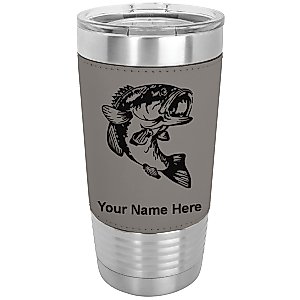 LaserGram 20oz Vacuum Insulated Tumbler Mug, Bass Fish, Personalized Engraving Included (Faux Leather, Gray)