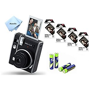 Fujifilm Instax Mini 40 Instant Camera Black + Fujifilm Instax Black Frame Film (40 Exposures) + 4AA Battery + BluebirdSales Cleaning Cloth