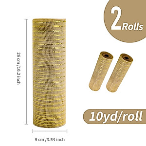 GouZaak 2 Rolls Champagne Deco Mesh Ribbon 10 in x 30 ft, Metallic Deco Mesh Rolls for Holiday Decorating DIY Wreath Supplies Christmas Tree Halloween Decoration Gift Wrapping,Floral