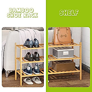 BMOSU 3-Tier Bamboo Shoe Rack Premium Stackable Shoe shelf Storage Organizer For Hallway Closet Living Room Entryway Organizer (Natural Bamboo)