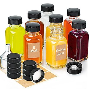 Syntic Clear Reusable Ginger Shot Bottles with Caps - 8 Pack 2 oz Small Square Glass Jars with 8 Sealed Conical Inner Caps & 8 Airtight Lids, Wide Mouth Juice bottles for Fridge, Extra Sticker, Funnel