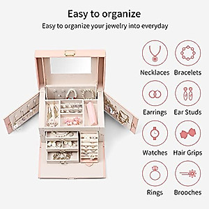 Vlando Jewelry Box Organizer for Girls Women, Large Baroque Jewelry Storage Box with Mirror, Drawers for Bracelets, Earrings, Rings, Necklaces, Mothers Day Gifts for Loved One, Pink