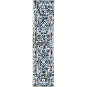 Unique Loom Outdoor Traditional Collection Area Rug - Timeworn (2' x 8' Runner, Blue/ Gray)