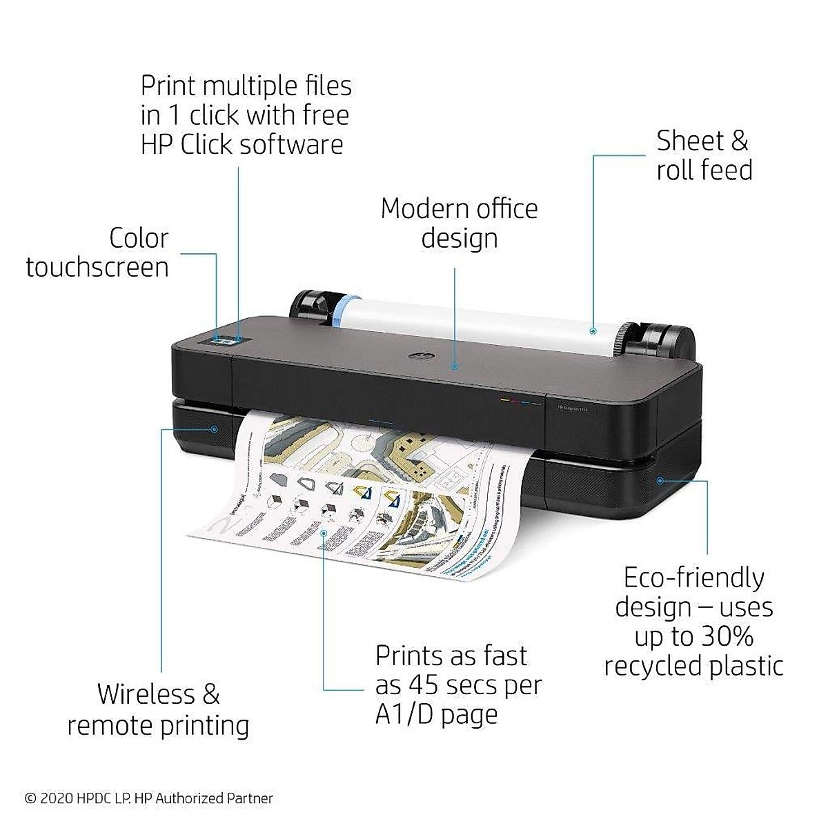 HP DesignJet T210 Large Format Compact Wireless Plotter Printer - 24" (8AG32A), with Standard Genuine Ink Cartridges (4 Inks) - Bundle