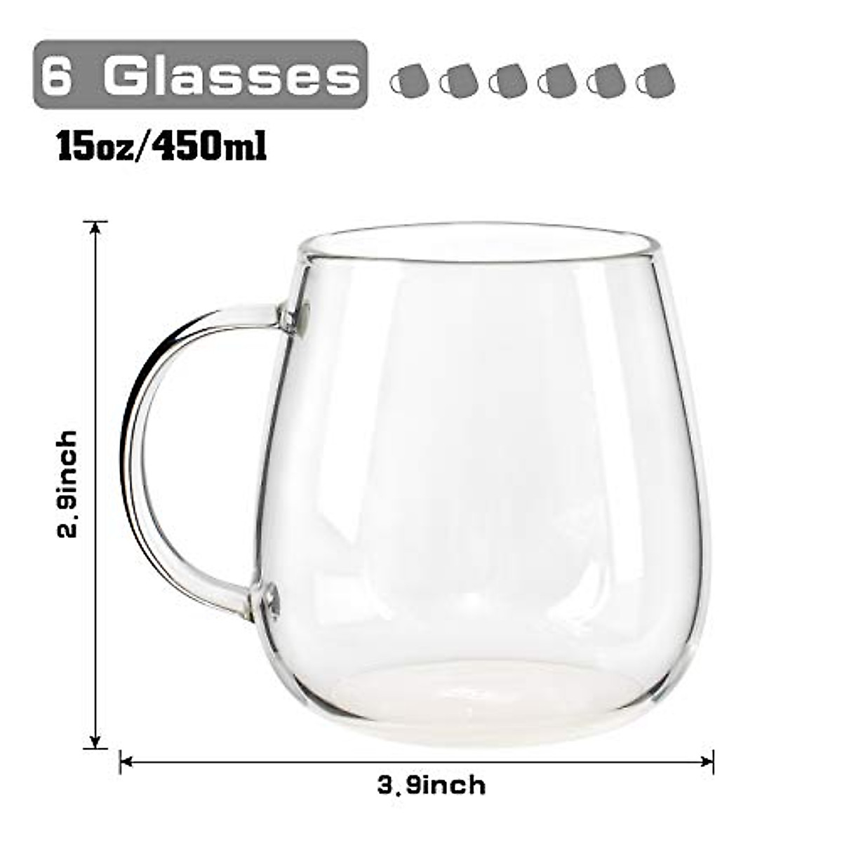 Farielyn-X Glass Coffee Mugs Set of 6, Microwave Safe Borosilicate Glass Cups, 15 Ounce Large Mugs Gifts for Family, latte, Chocolate & Beverage, Mocha, Cappuccino, Tea and Water, Clear Drinking Cups