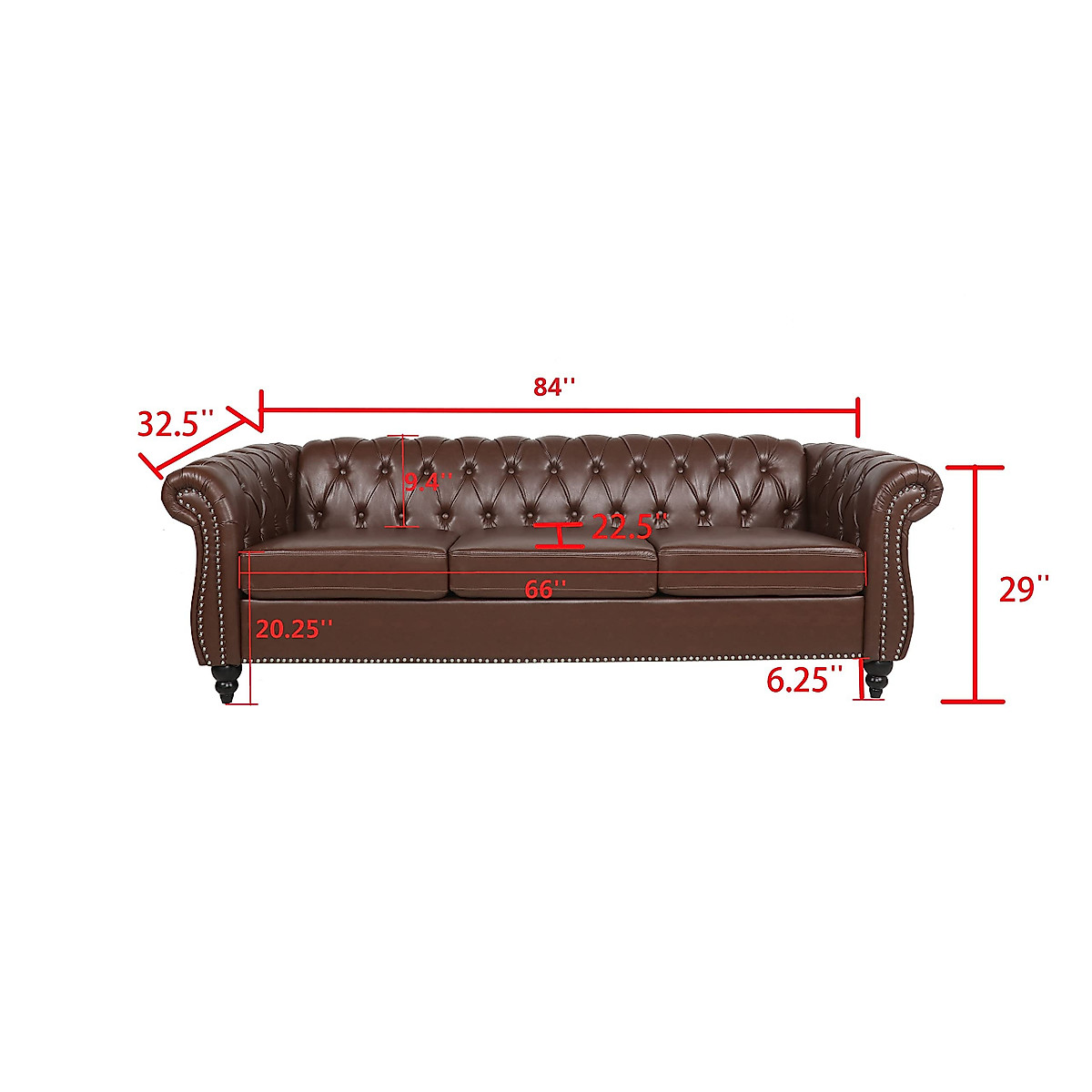 LEVNARY Chesterfield Sofa, Classic Tufted Upholstered Leather Couch, Modern 3 Seater Couch Furniture with Tufted Back for Living Room Office (Dark Brown)