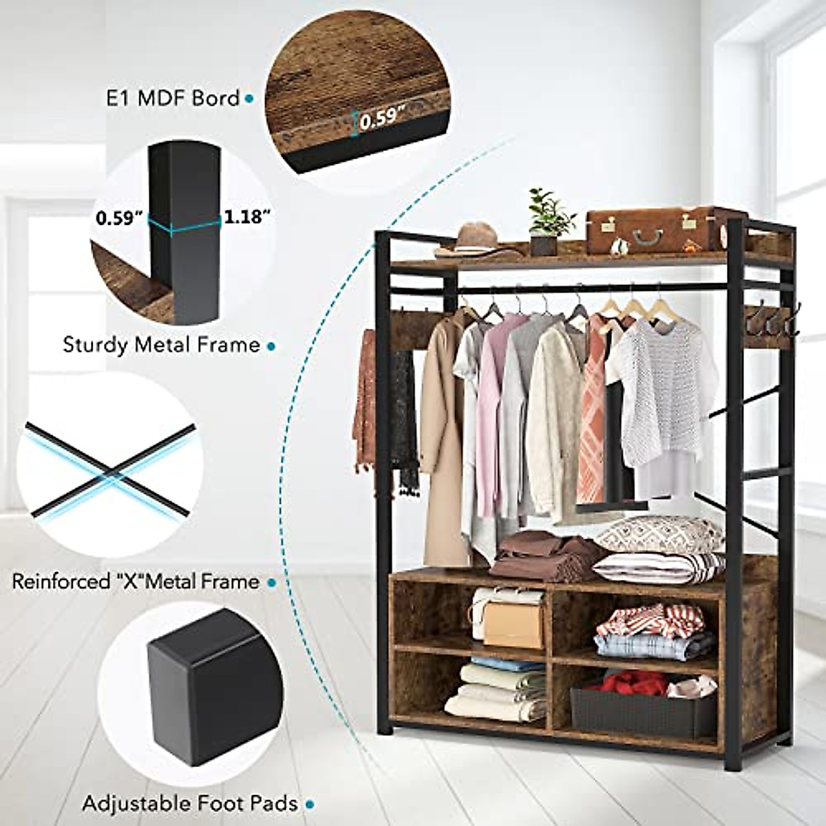 Tribesigns Free-standing Closet Clothing Rack, Metal Closet Organizer System with Shelves and Hooks, Heavy Duty Clothes Garment Rack Shelving for Bedroom , Laundry, Mushroom, Walk-in Closet (RUSTIC)